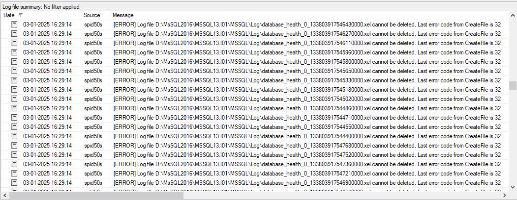 Log file (.xel) cannot be deleted - Performance Store